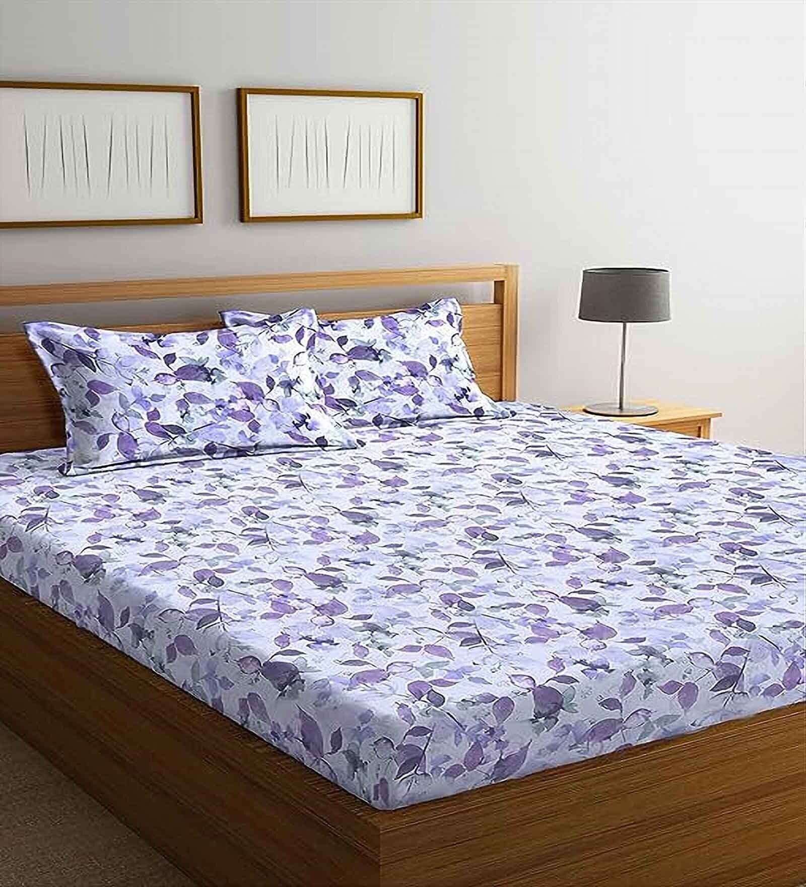 Buy Lavender Floral 144 TC Cotton Queen Bedsheet with 2 Pillow Covers ...