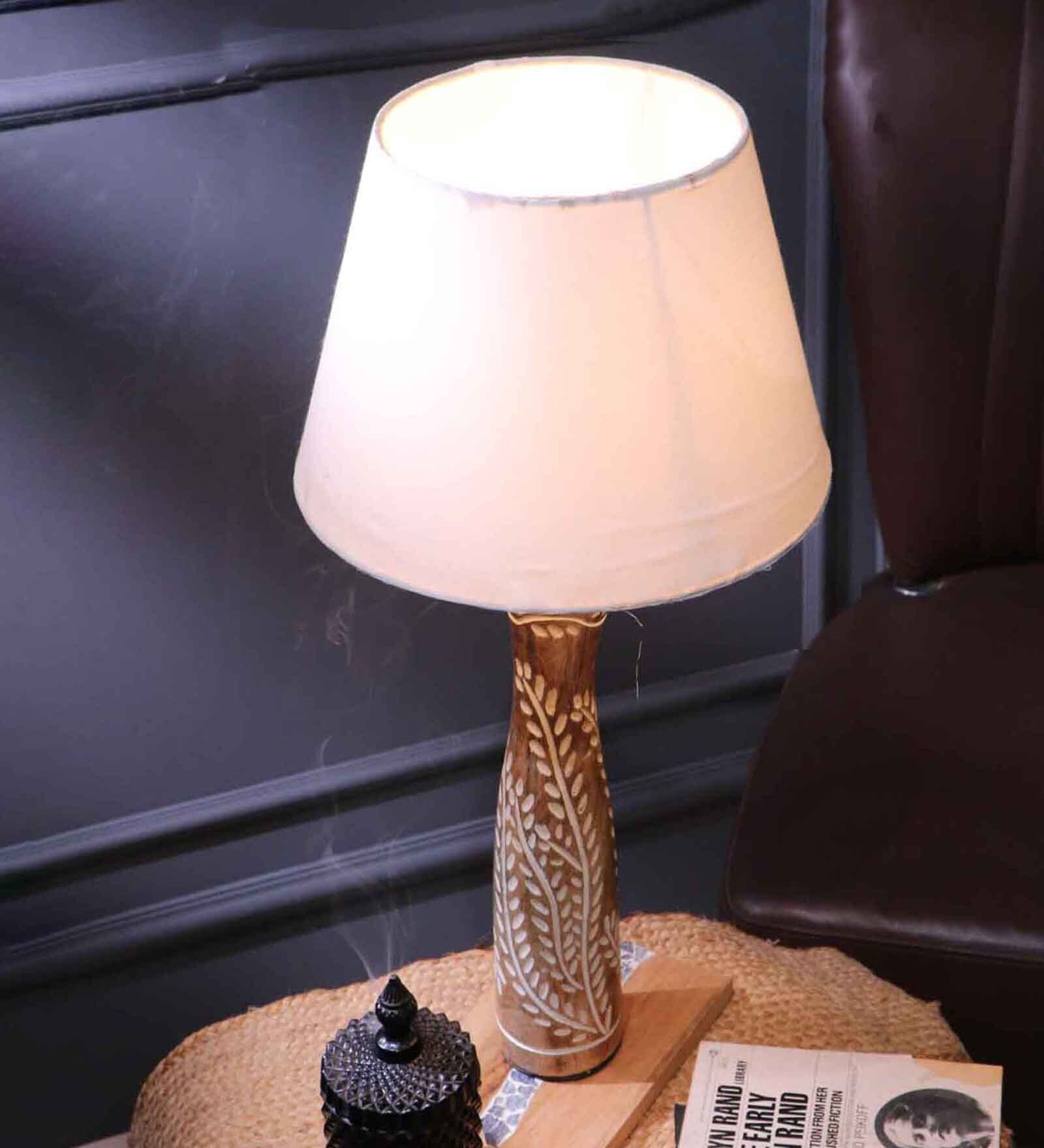 Buy Leaf Patterned E27 Holder Wooden Base Table Lamp (Brown Base) with ...
