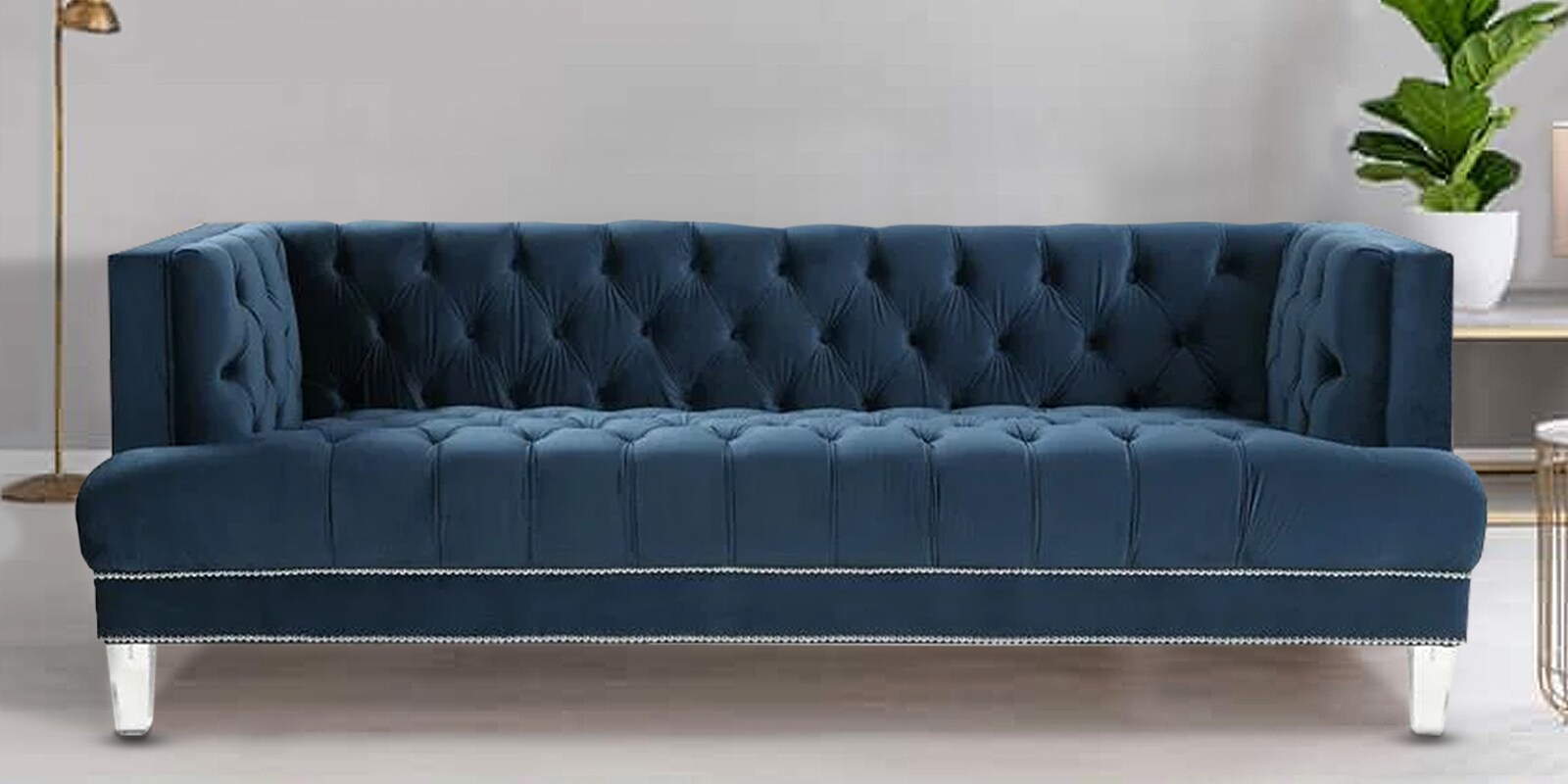 Buy Lebu Velvet 3 Seater Sofa In Navy Blue Colour at 30% OFF by Perfect ...