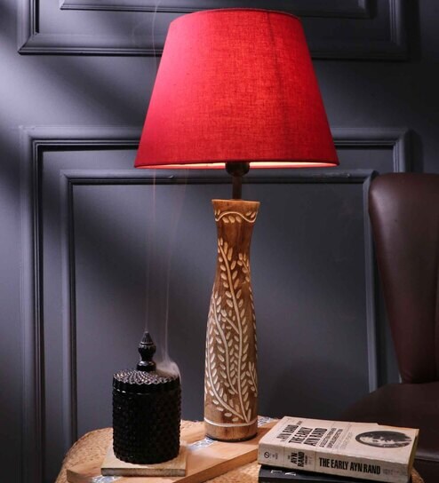 Buy Leaf Patterned E27 Holder Wooden Base Table Lamp (Brown Base) with ...
