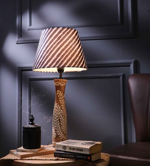 Buy Leaf Patterned E27 Holder Wooden Base Table Lamp (Brown Base) with ...