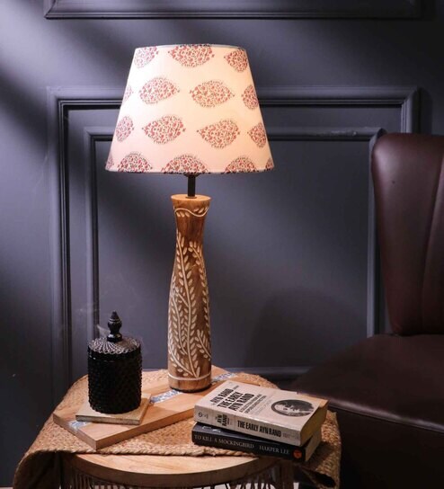 Buy Leaf Patterned E27 Holder Wooden Base Table Lamp (Brown Base) with ...