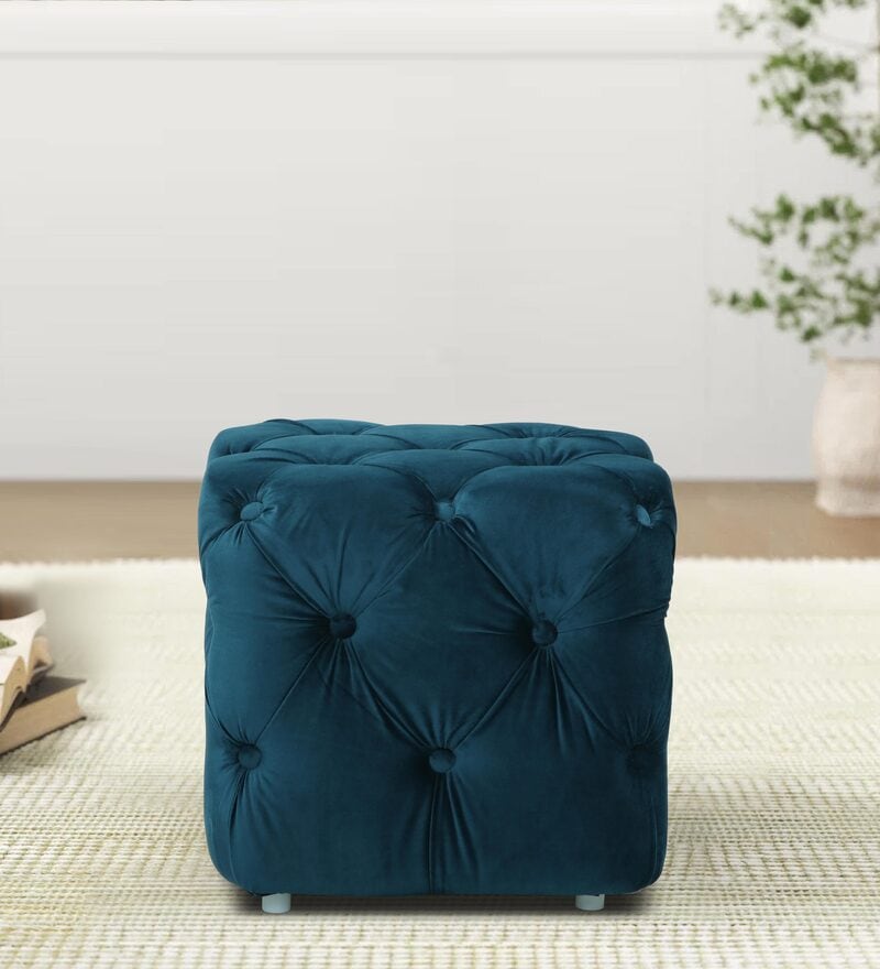 Buy Leona Velvet Pouffe in Teal Blue Colour by Vittoria Online ...