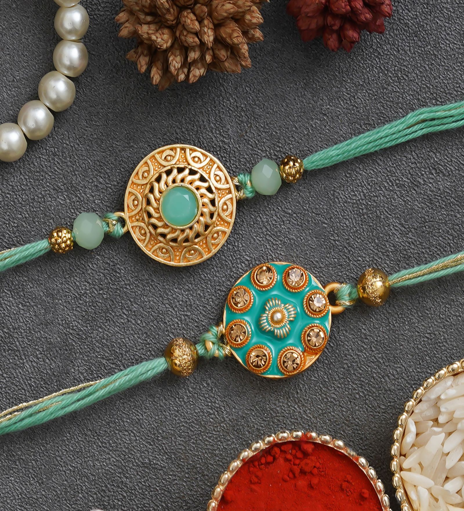 Buy Light Blue & Golden Set of 2 Premium Designer Rakhis with Roli ...