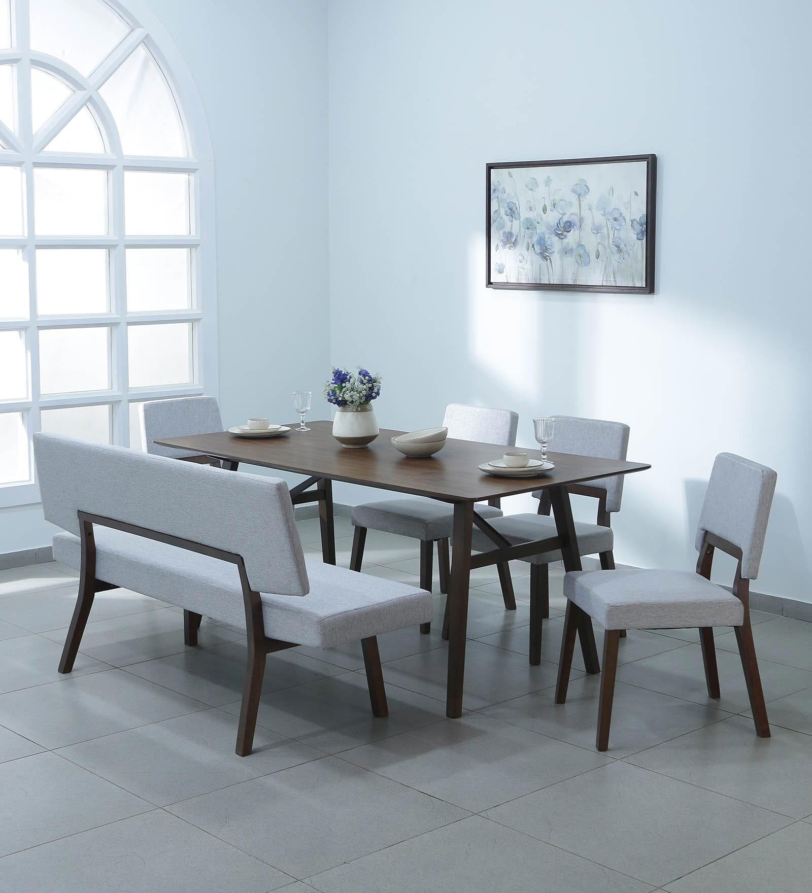 Buy Lillian Rubber Wood 6 Seater Dining Set With Bench in Walnut Colour ...