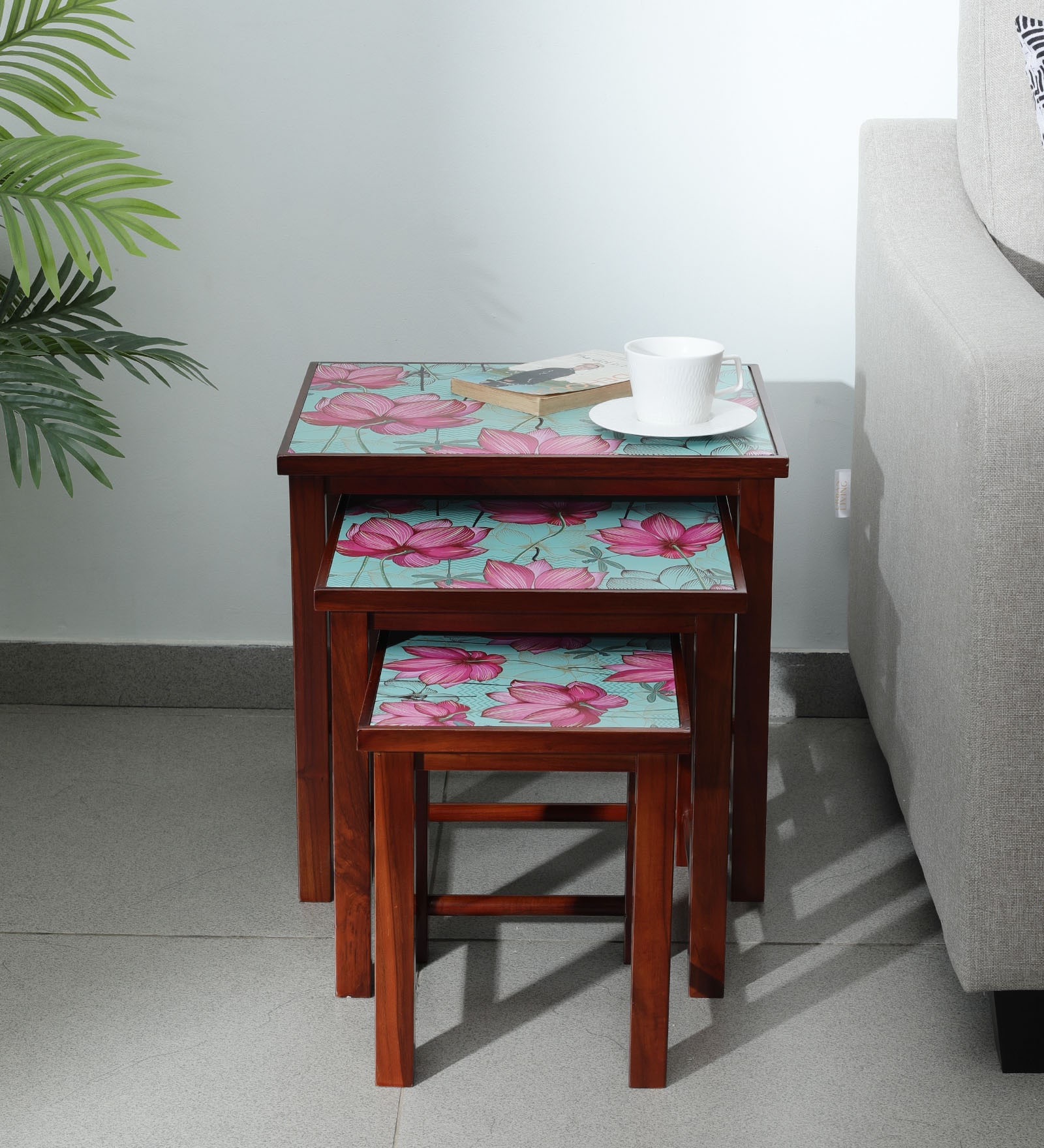 Buy Lilliflower Print Solid Wood Nesting Table in Brown Colour at 34% OFF by ClasiCraft | Pepperfry