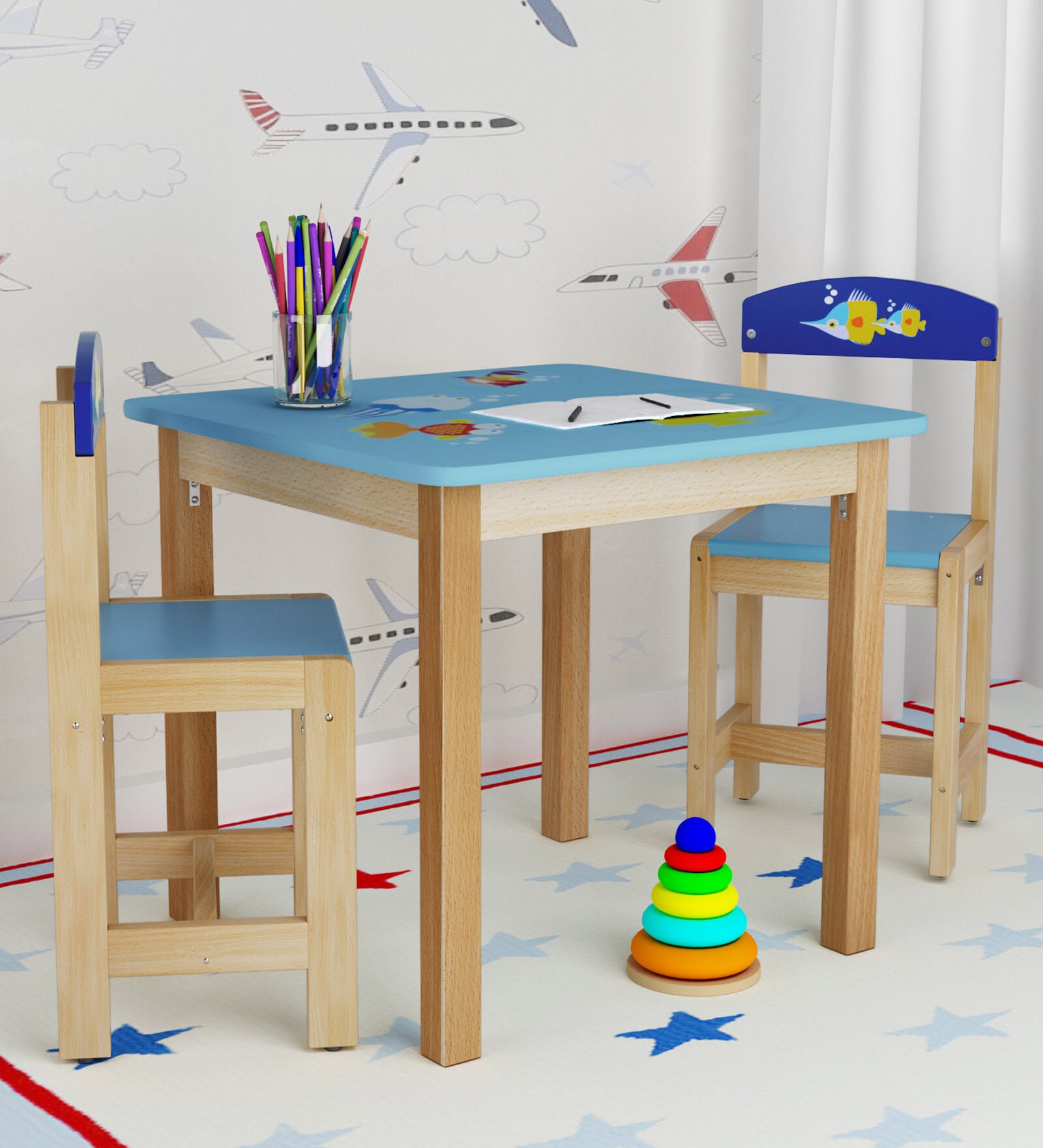 Buy Little Fish Solid Wood Kids Activity Table in Blue Colour with ...