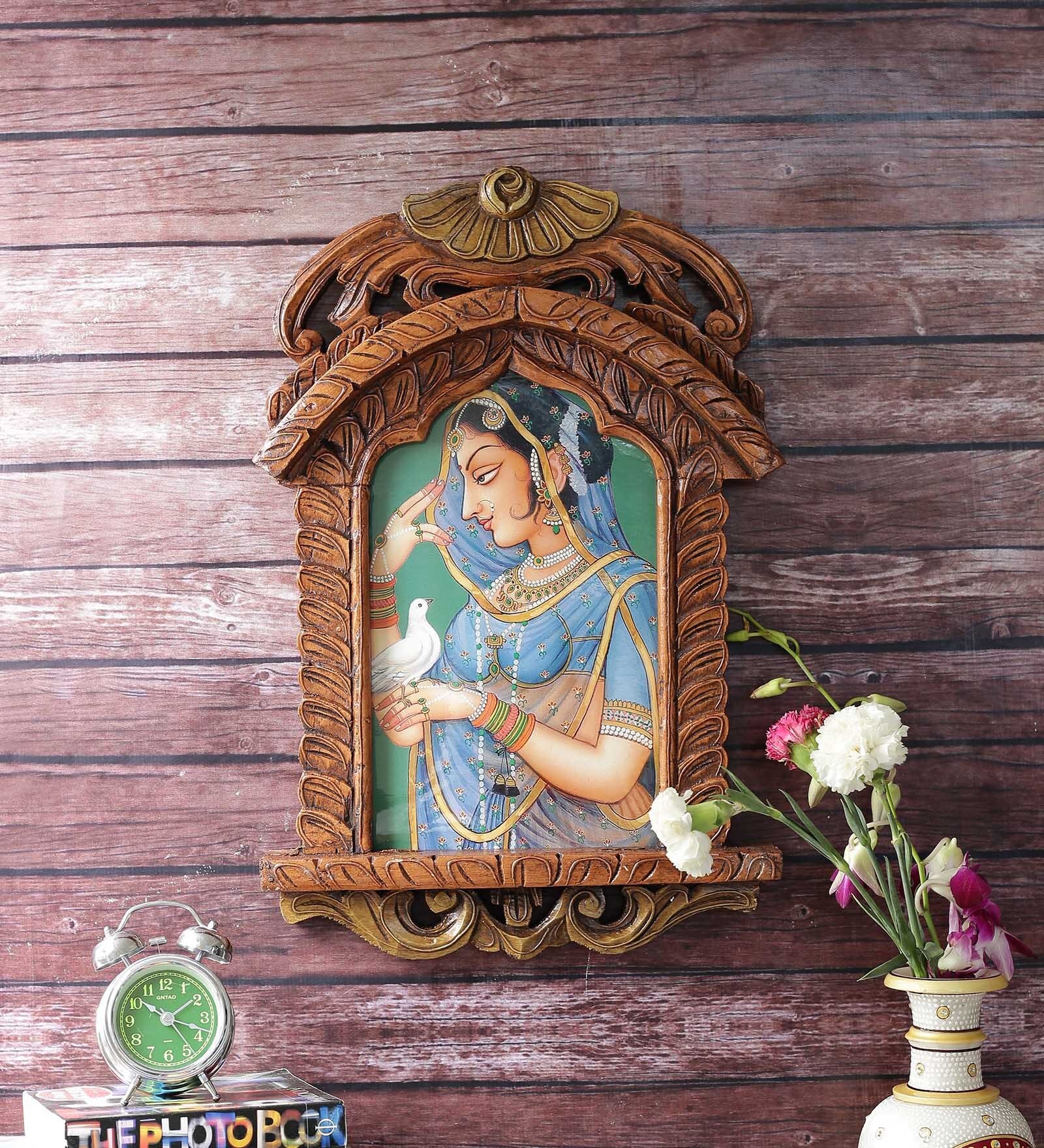 Buy Solid Wood Jharokha with Rajasthani Princess with Pigeon Painting ...