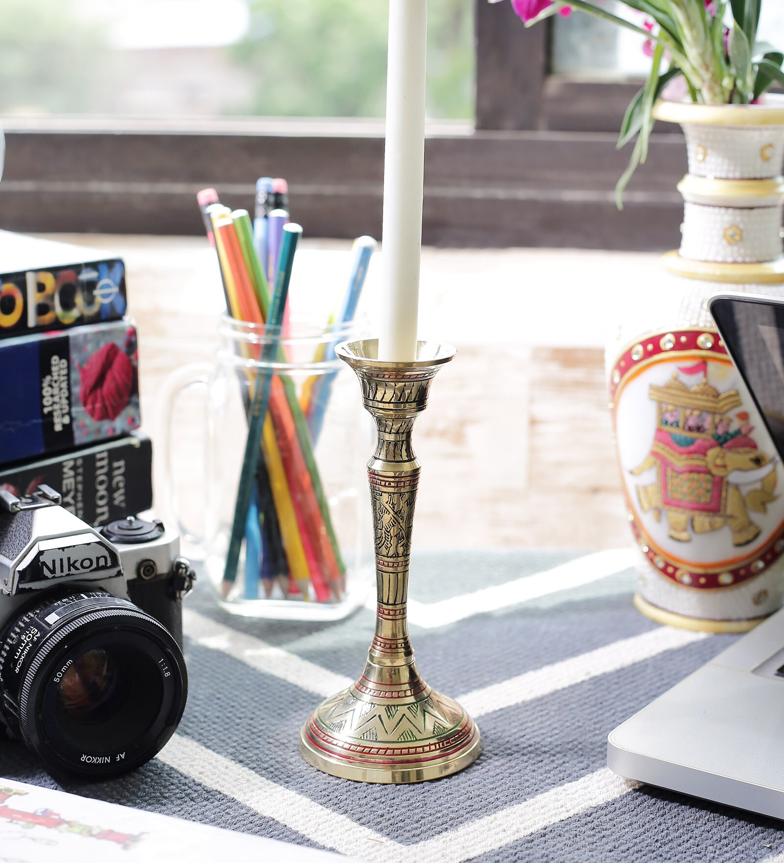 Buy Little India Silver Brass Handcrafted Rajasthan Pure Candle Stand ...