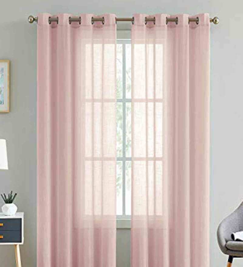 Buy Pink Linen Solid 9ft Semisheer Eyelet 2 Pcs Door Curtains by ...
