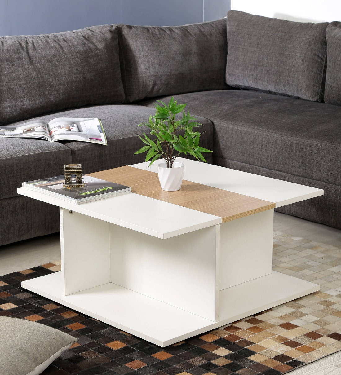 Buy Llio Coffee Table With Bar Compartment in Frosty White & Teak ...