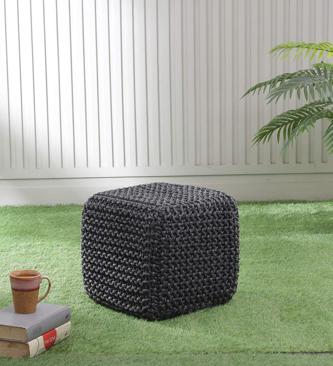 Buy Loop Sky Square Pouffe With Braided Rope in Silver Black Finish at ...