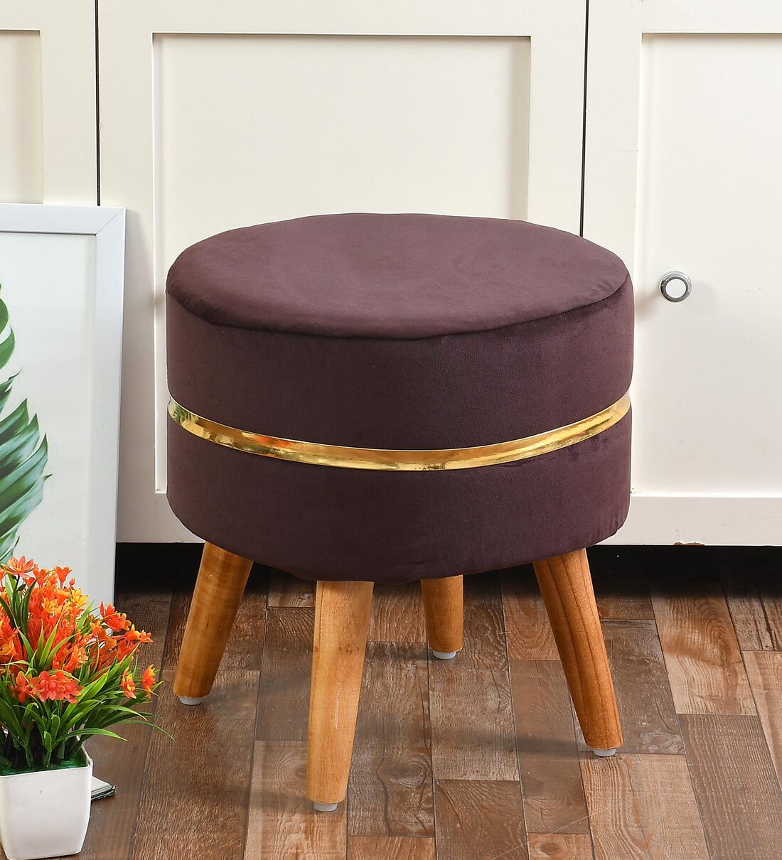 Buy Lotus Velvet Seating Stool in Brown Colour by Riance Creations ...