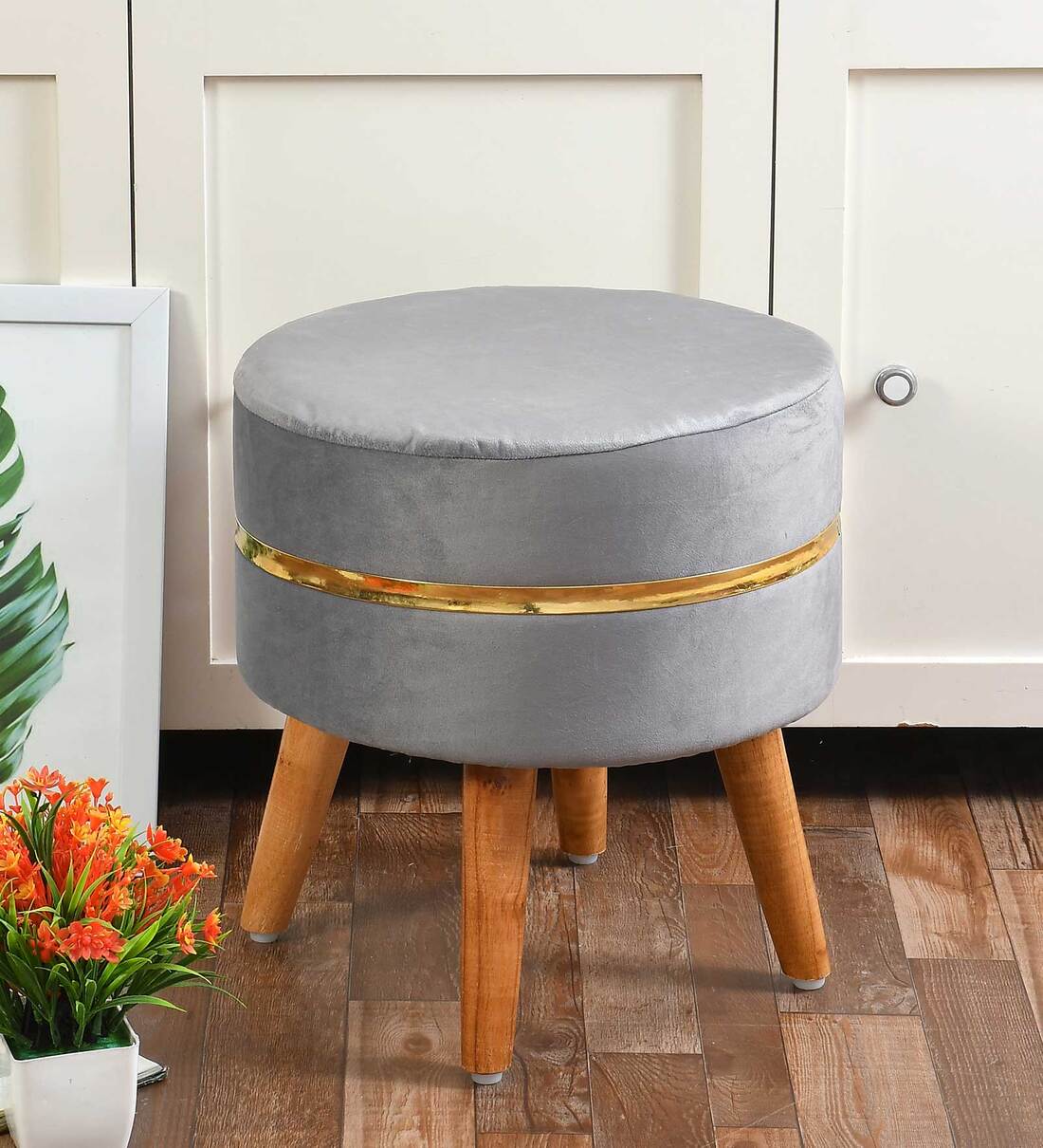 Buy Lotus Velvet Seating Stool in Grey Colour by Riance Creations ...