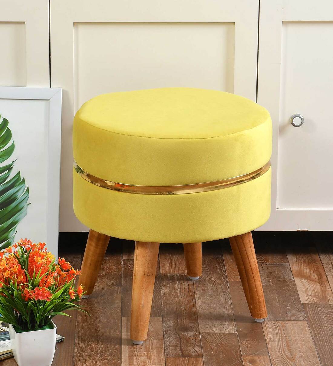 Buy Lotus Velvet Seating Stool in Yellow Colour by Riance Creations ...