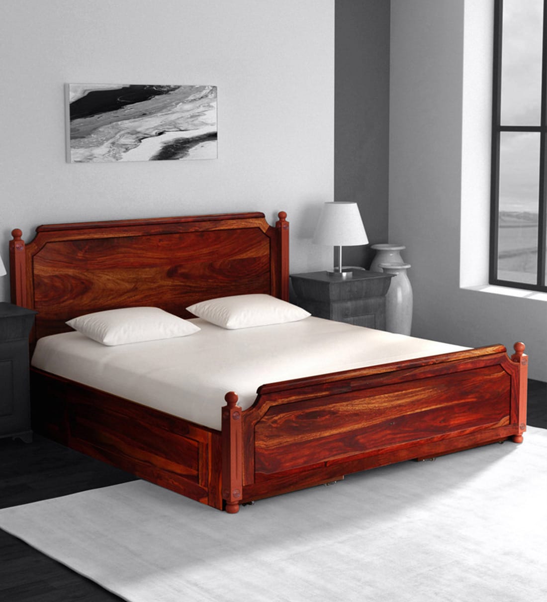 Buy Louis Sheesham Wood Queen Size Bed With Box Storage In Honey Oak ...