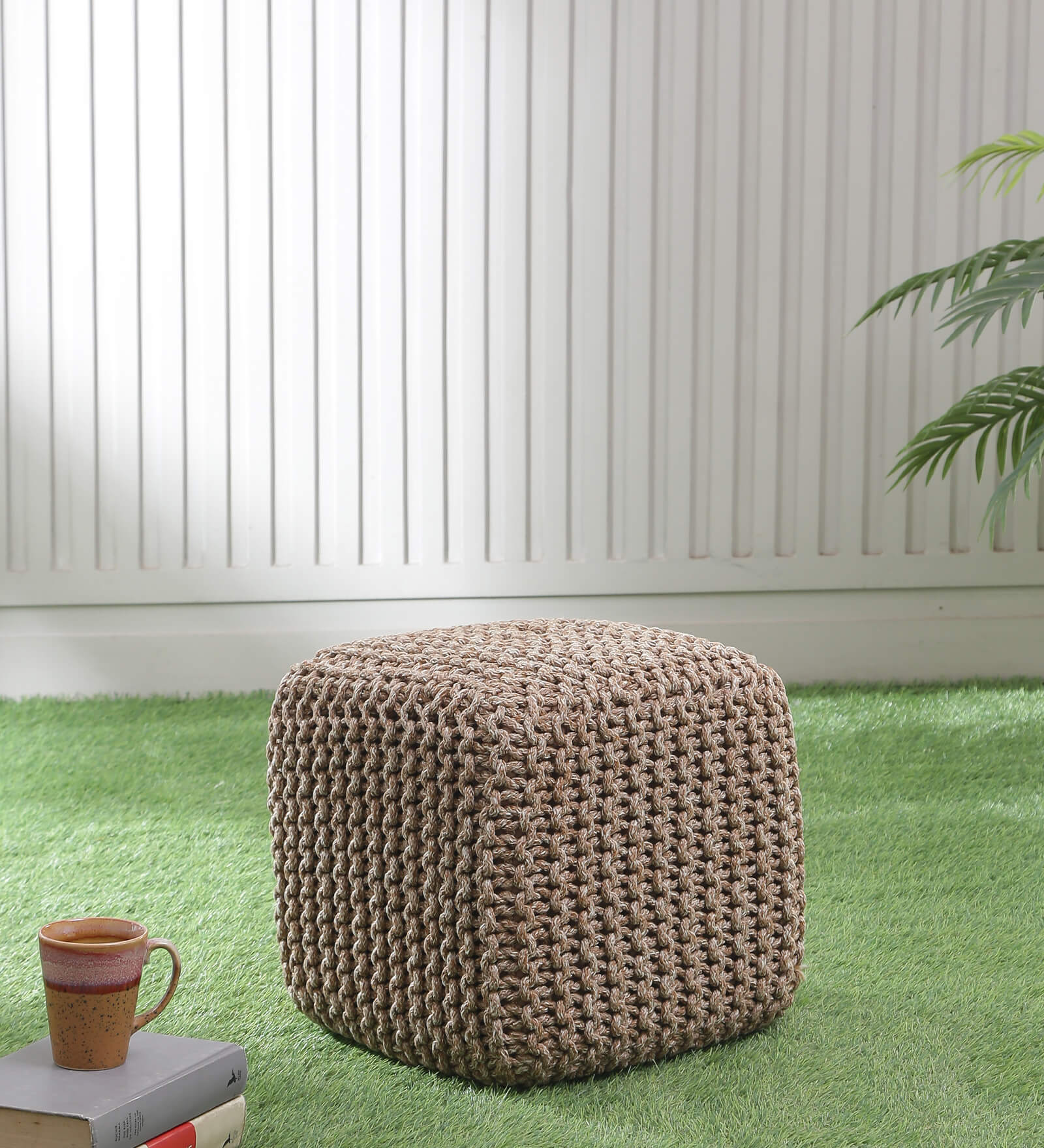 Buy Loop Sky Square Pouffes with Braided Rope in Golden Brown Finish by ...