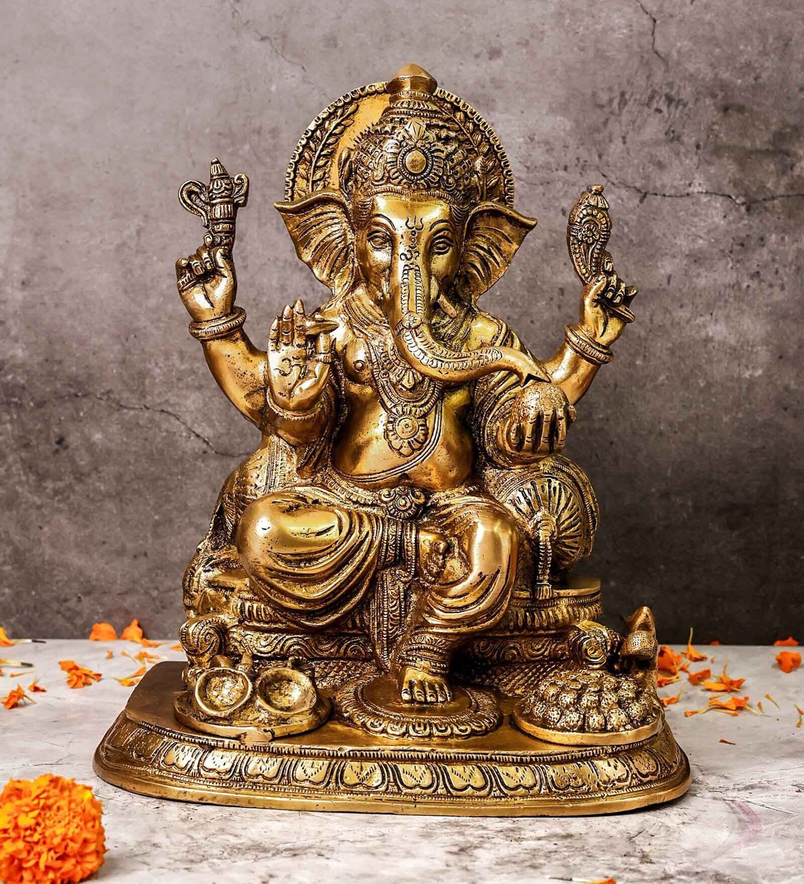 Buy Lord Ganesha Seated On Pedestal Brass Religious Idol at 39% OFF by ...