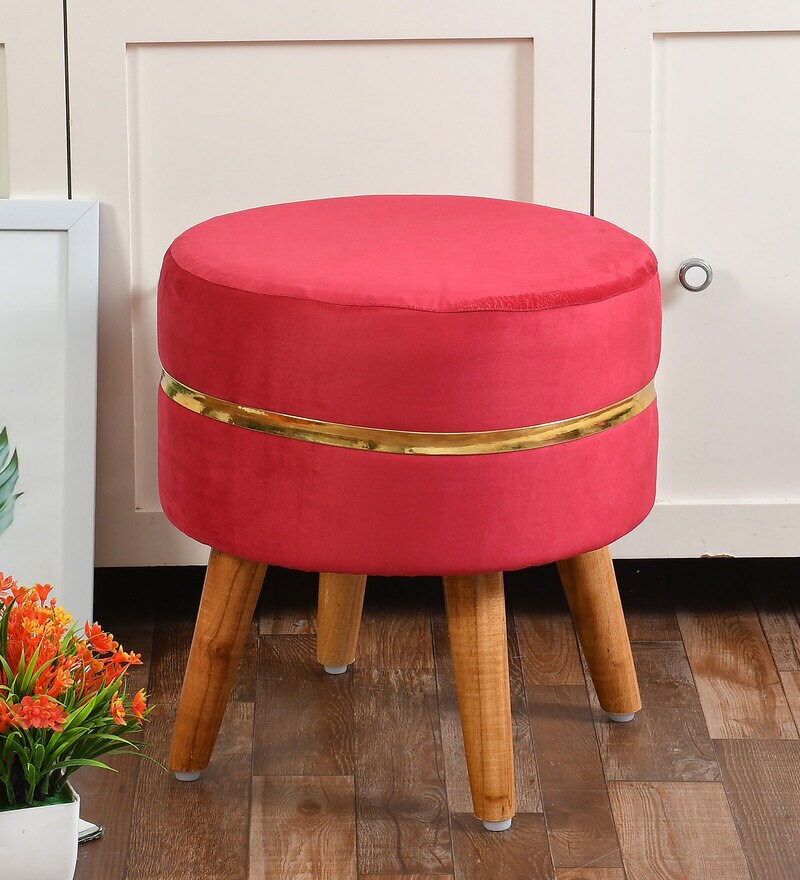 Buy Lotus Velvet Seating Stool in Red Colour by Riance Creations Online ...