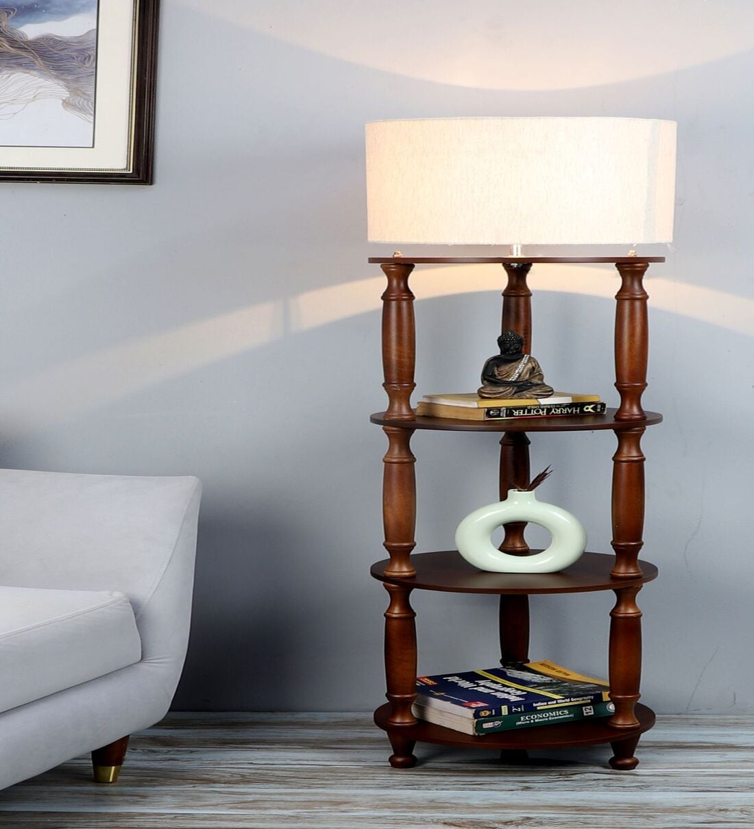 Buy Lumos E-27 Holder Walnut Finish Mango Wood Shelf Floor Lamp with ...