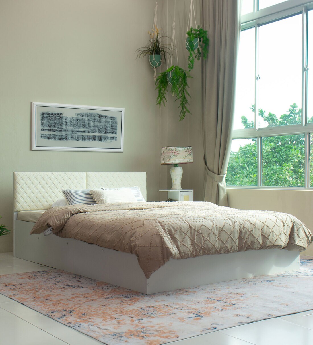 Buy Lush Deluxe Queen Size Upholstered Bed In Sea Mist & White Colour ...