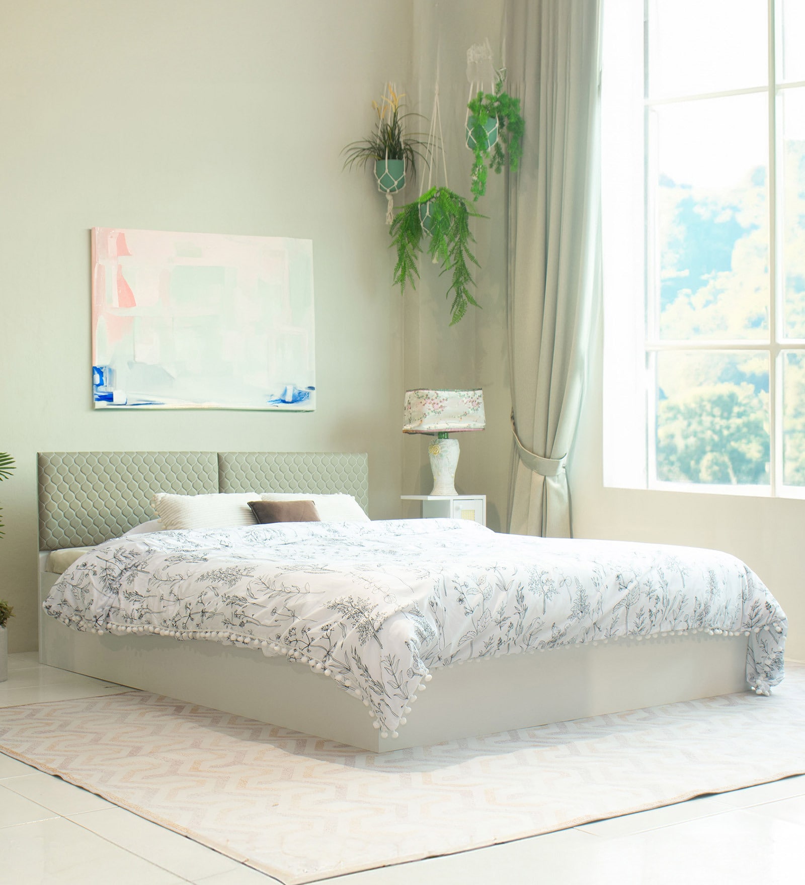 Buy Lush Deluxe Queen Size Upholstered Bed In Warm Grey & White Colour ...