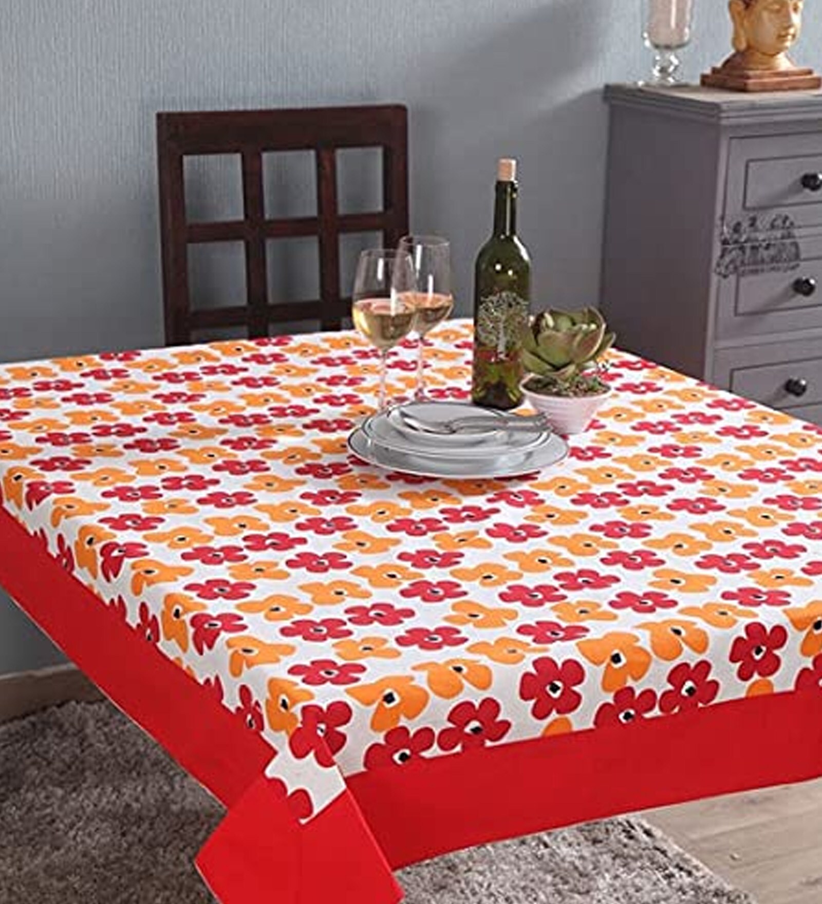 Buy Red & Orange Cotton (60 x 180) Floral 8 Seater Table Cover at 30% ...