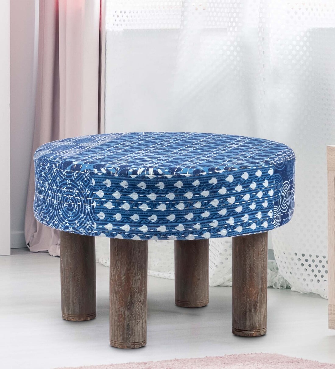 Buy Maple Foot Stool In Indigo Patch Kantha Fabric at 4% OFF by Ikiriya ...