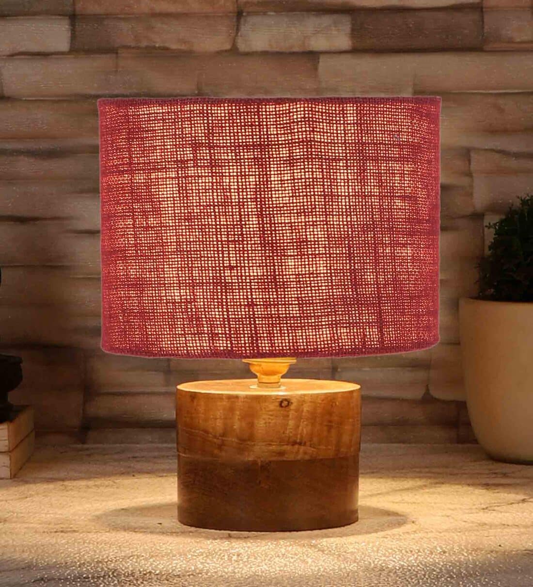Buy Maroon Shade Table Lamp With Wood Base By New Era Online - Wood ...