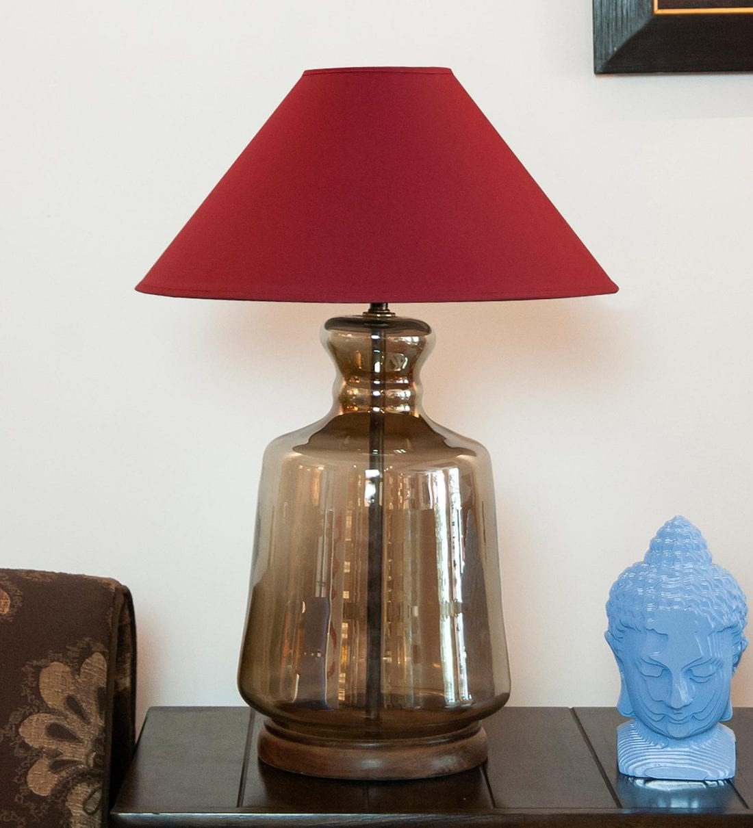 Buy Maroon Cotton Shade Table Lamp with Smoke Luster/Burnt Base by ...