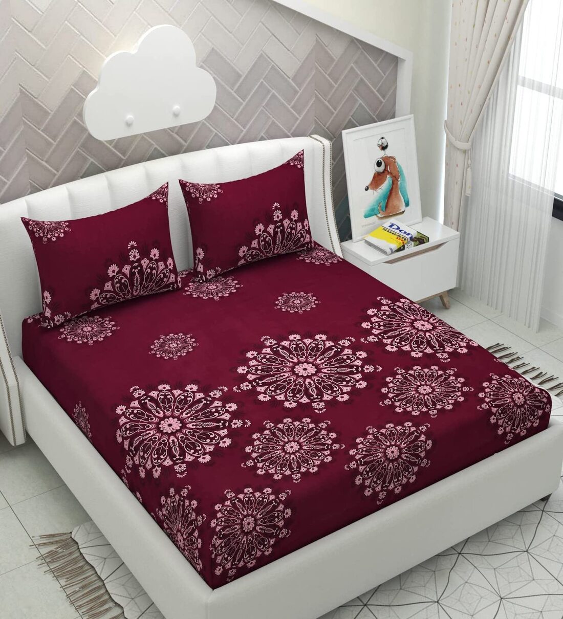 Buy Maroon Floral 240 TC Cotton Blend Fitted Queen Bedsheet with 2 ...