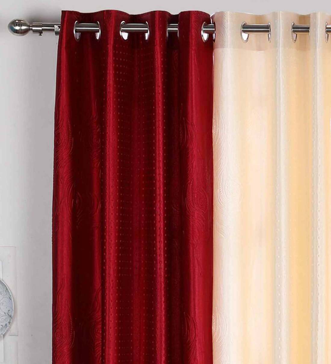 Buy Maroon Floral Polyester 8 Ft Semisheer Eyelet Door Curtains (Set of ...