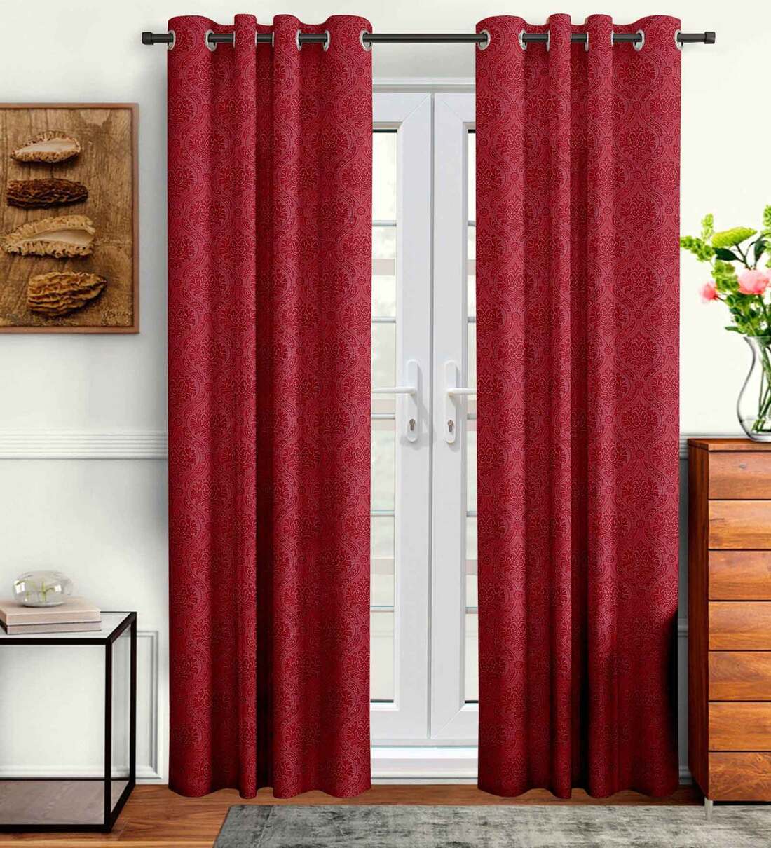 Buy Maroon Solid Polyester 7 Ft Semisheer Eyelet Door Curtains (Set of ...