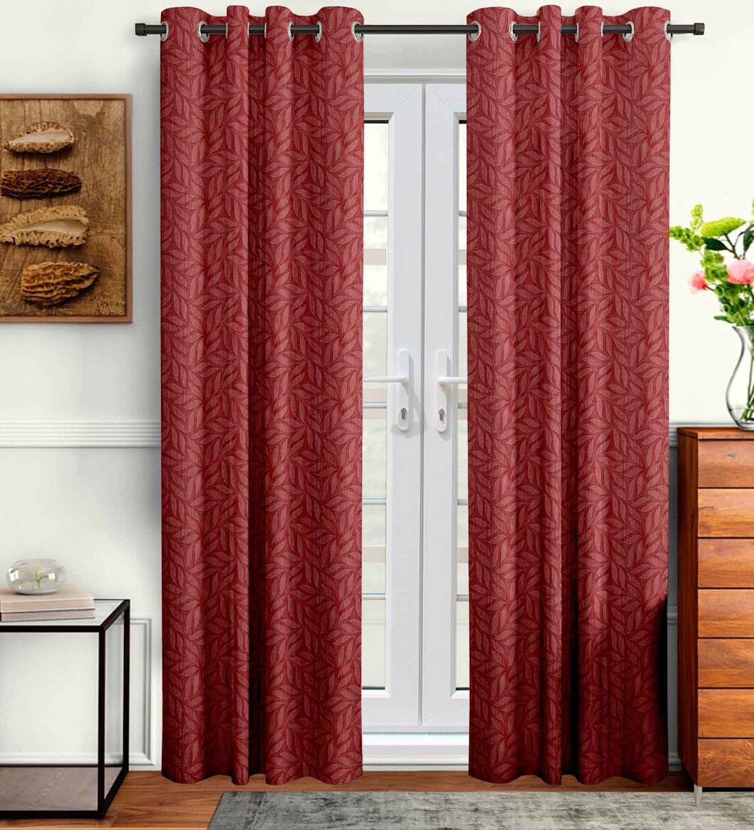 Buy Maroon Solid Polyester 7 Ft Semisheer Eyelet Door Curtains (Set of ...