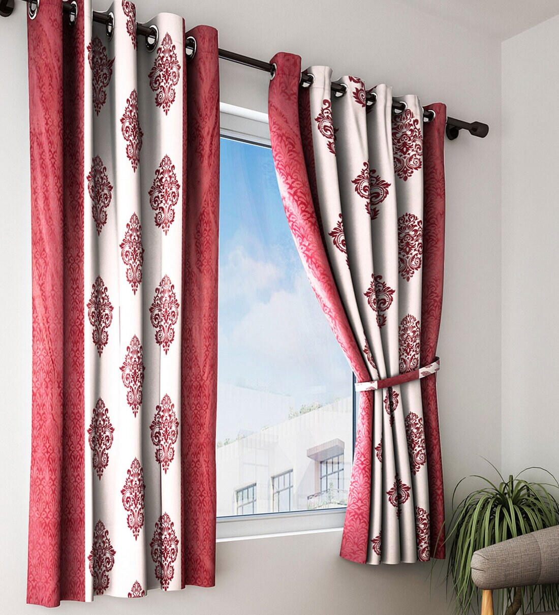 Buy Maroon Traditional Polyester 5 Ft Semisheer Eyelet Window Curtains ...