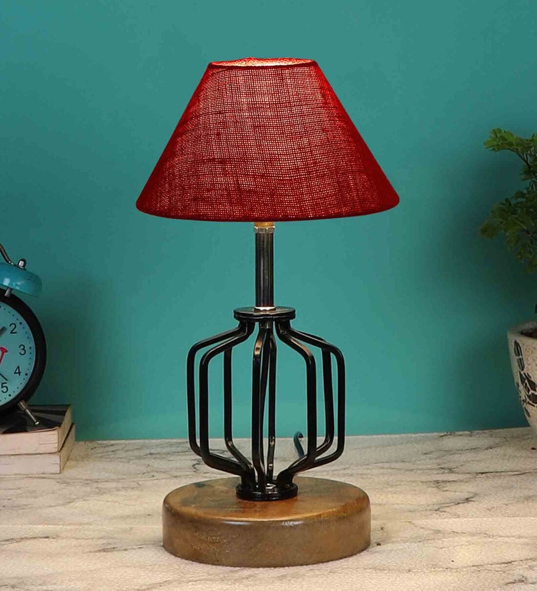 Buy Maroon Shade Table Lamp With Shade Table Lamp With Wood & Iron Base ...