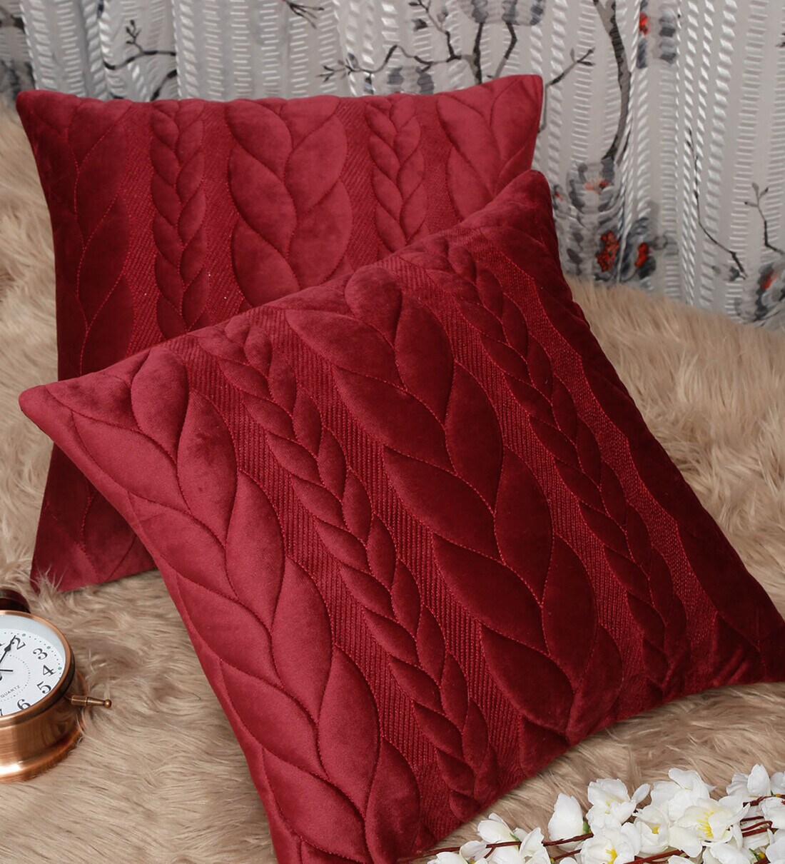 Buy Maroon Textured Velvet 16 x 16 Inches Cushion Covers (Set of 2) at ...