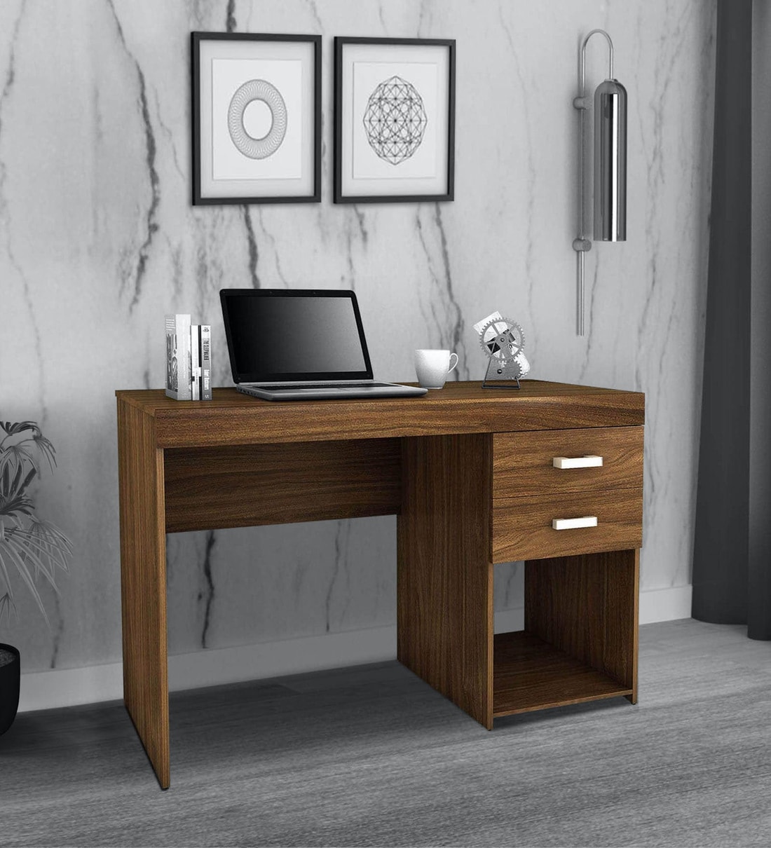 Buy Masaki Study Cum Work Desk with Two Drawers in Walnut Brown Finish ...