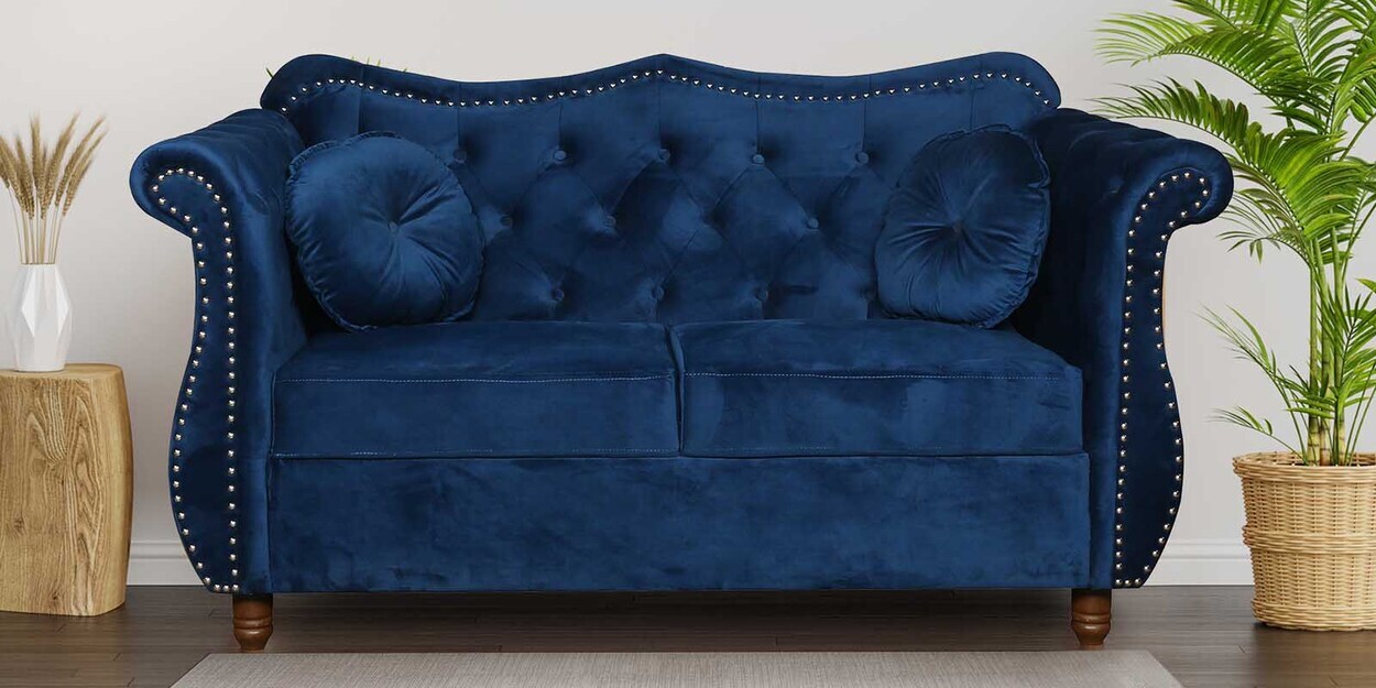 Buy Maharaja Velvet 2 Seater Sofa in Blue Colour by Woodbonds Online ...