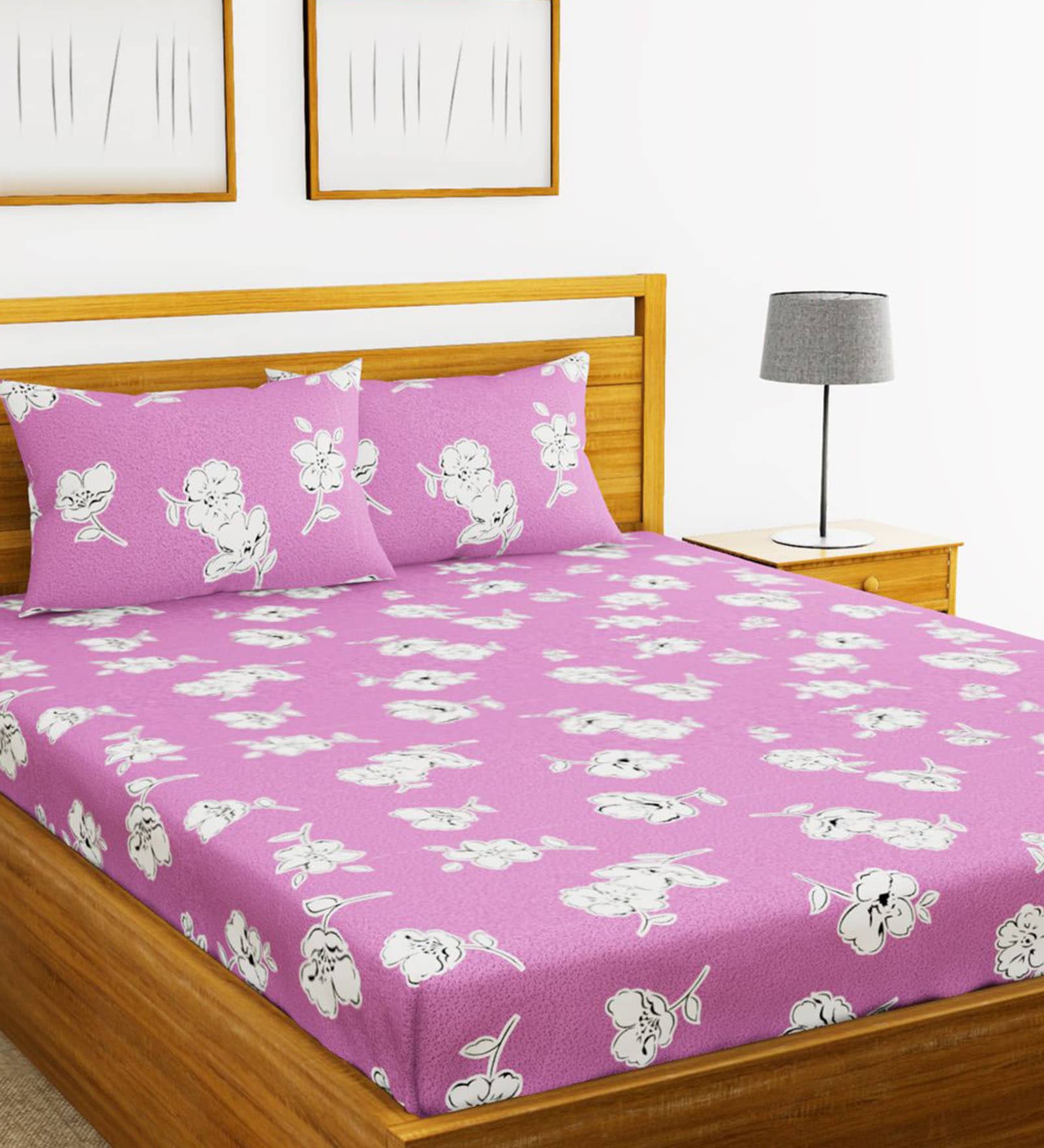 Buy Magenta Floral 152 TC Microfiber King Sized Bed Sheets with 2 ...