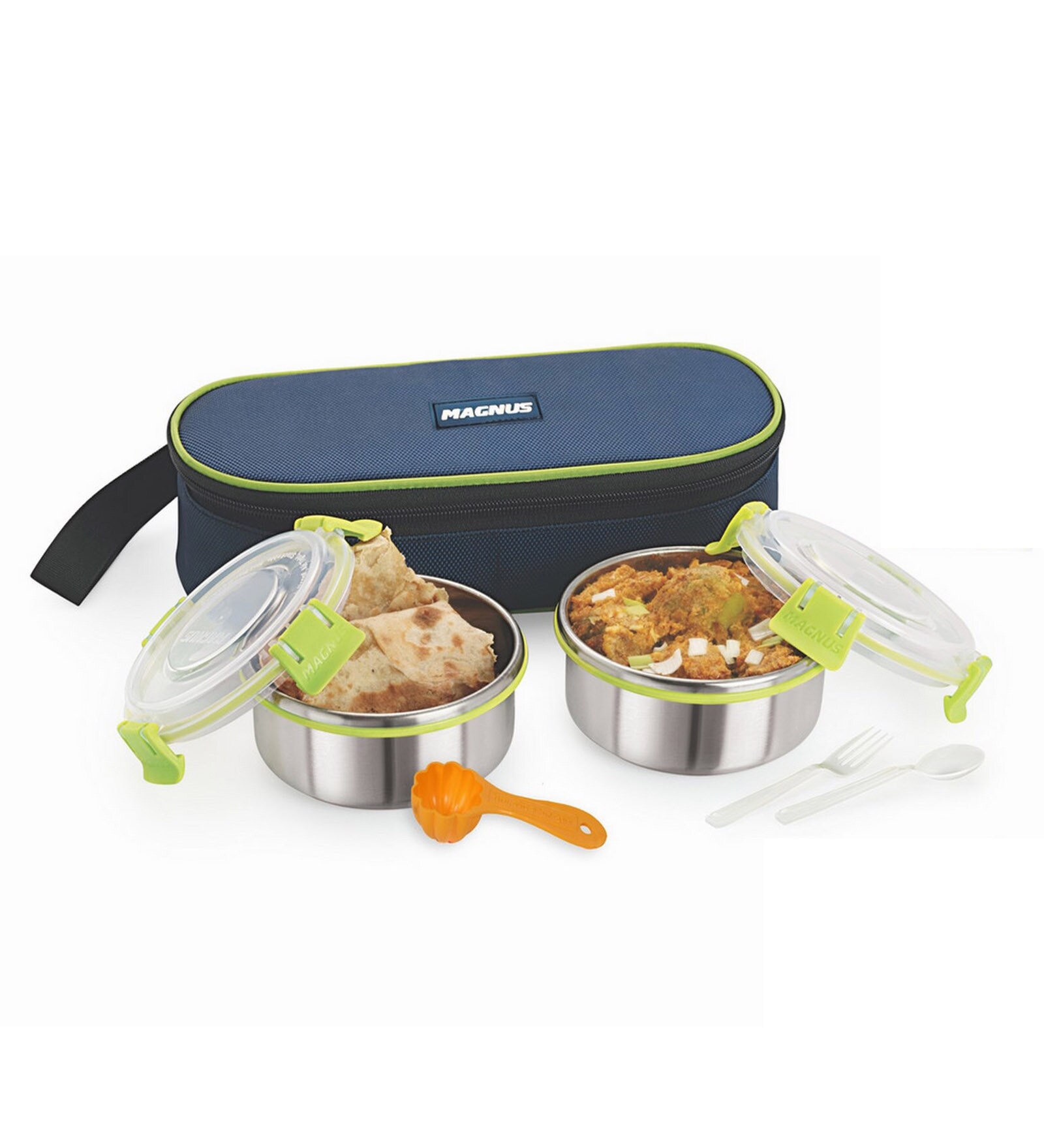Buy Magnus Lunch Box with Clip Lock & Bag Blue Steel Stainless Steel ...