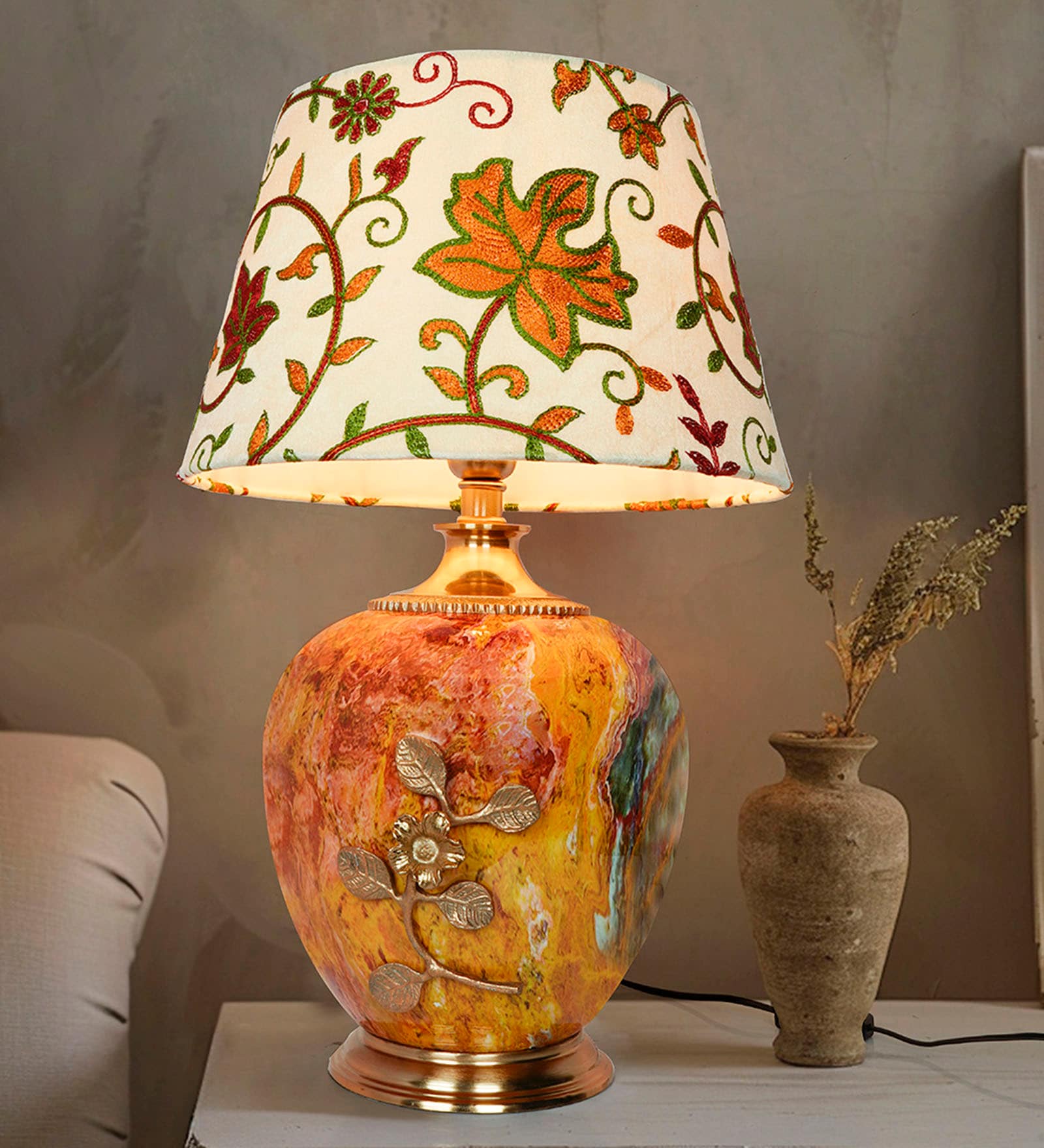 Buy Majestic Magma Red Stone Pot Metal Table Lamp with Kashmiri ...