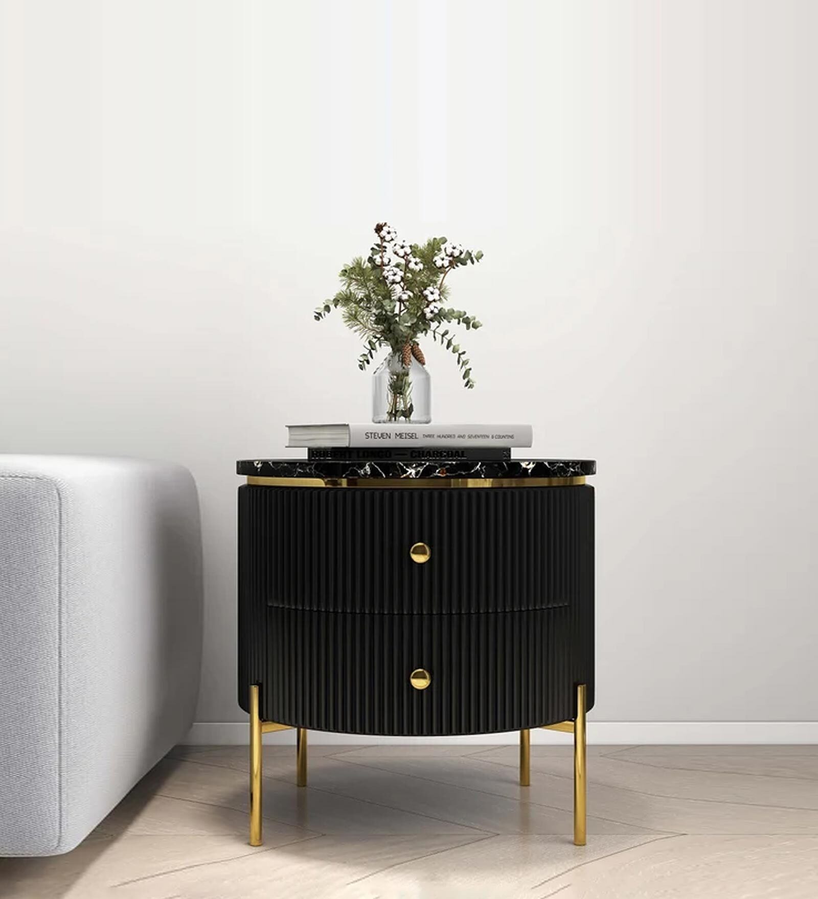 Buy Majestic Metal Bedside Table With Drawers in Black And Gold Colour ...