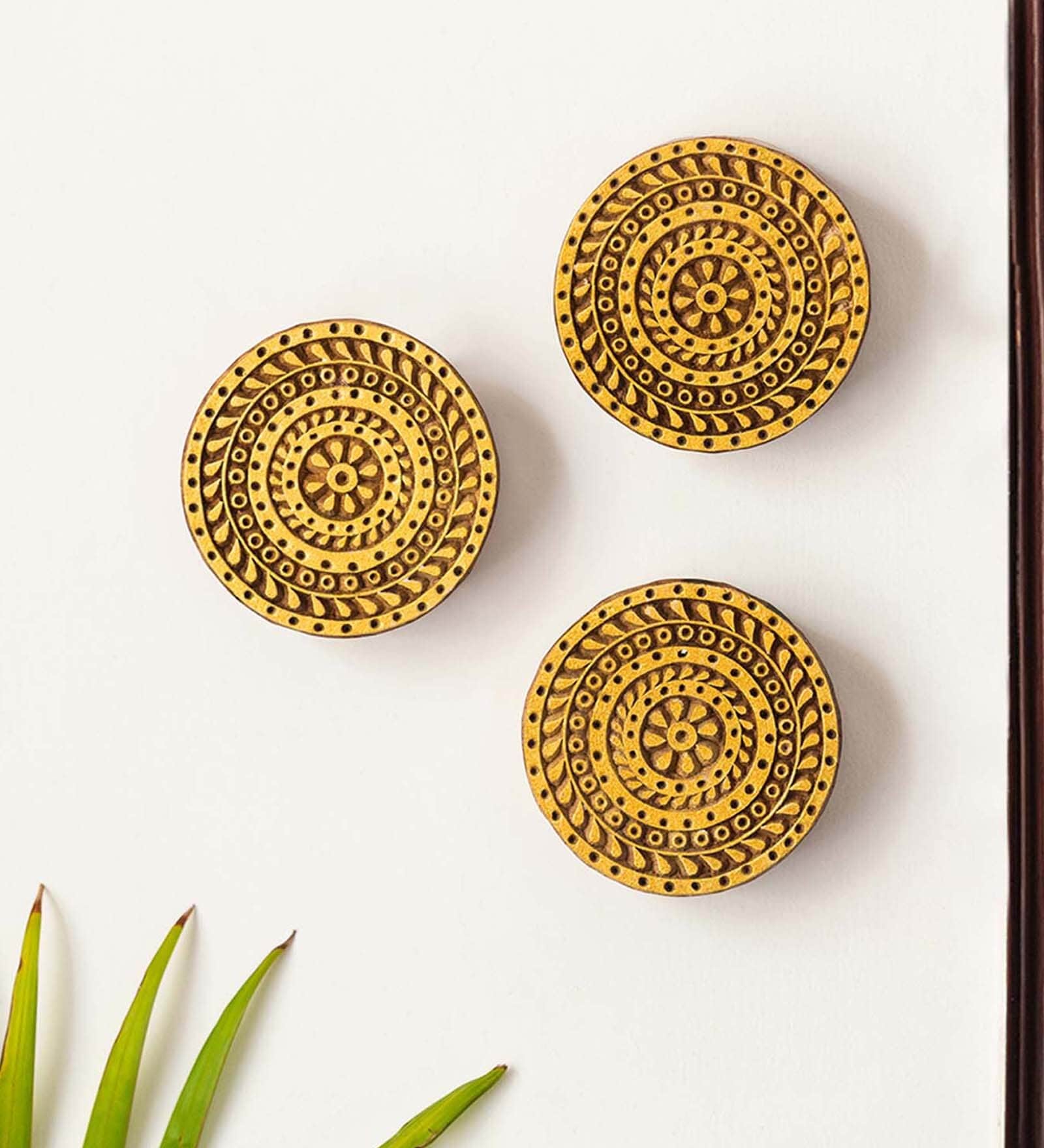 Buy Mandala Triplets Hand Carved Block Wall D Cor In Sheesham Wood (Set ...