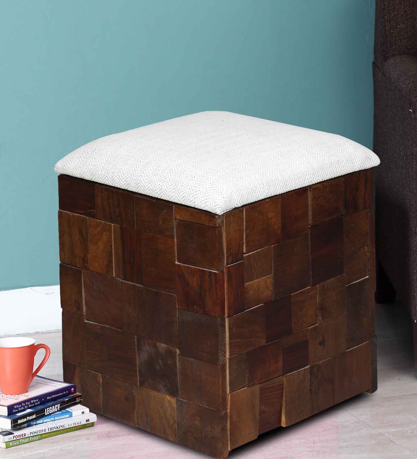 Buy Marbella White Fabric Storage Pouffe in Provincial Teak Finish at 5 ...