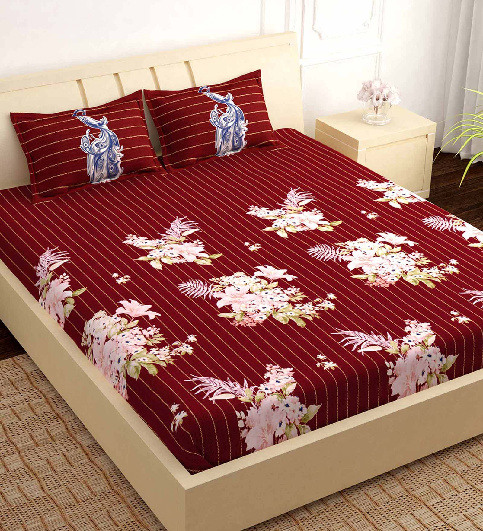 Buy Maroon 300 TC 100% Cotton King Size Bedsheet 2 Pillows covers ...