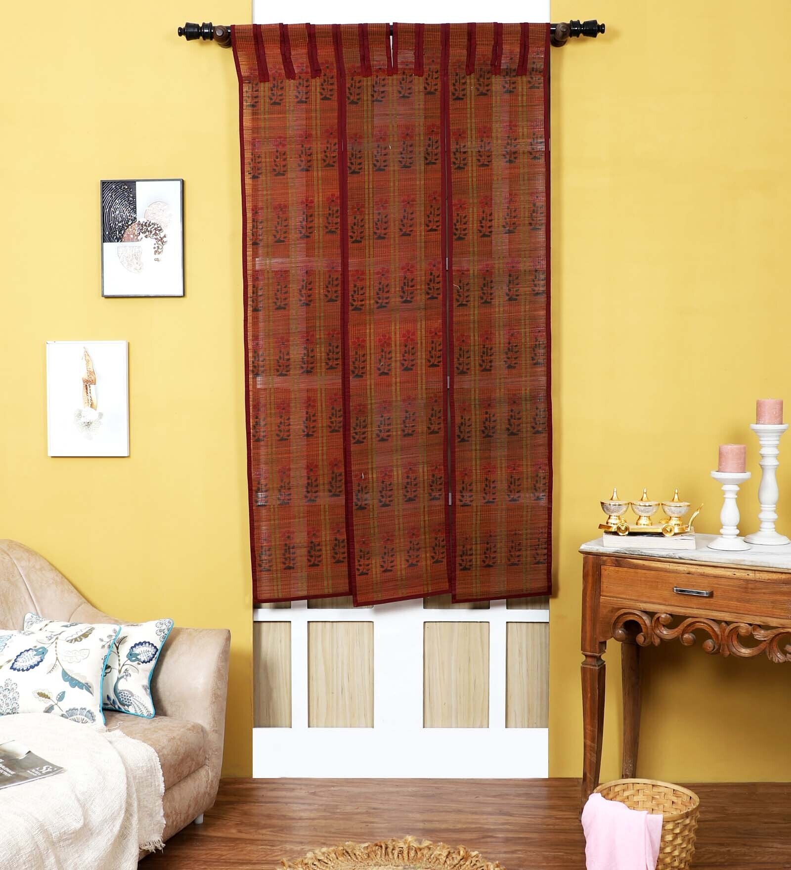 Buy Maroon Bamboo Floral 8ft Semisheer Fabric Loops Door Curtain (1 Pc ...