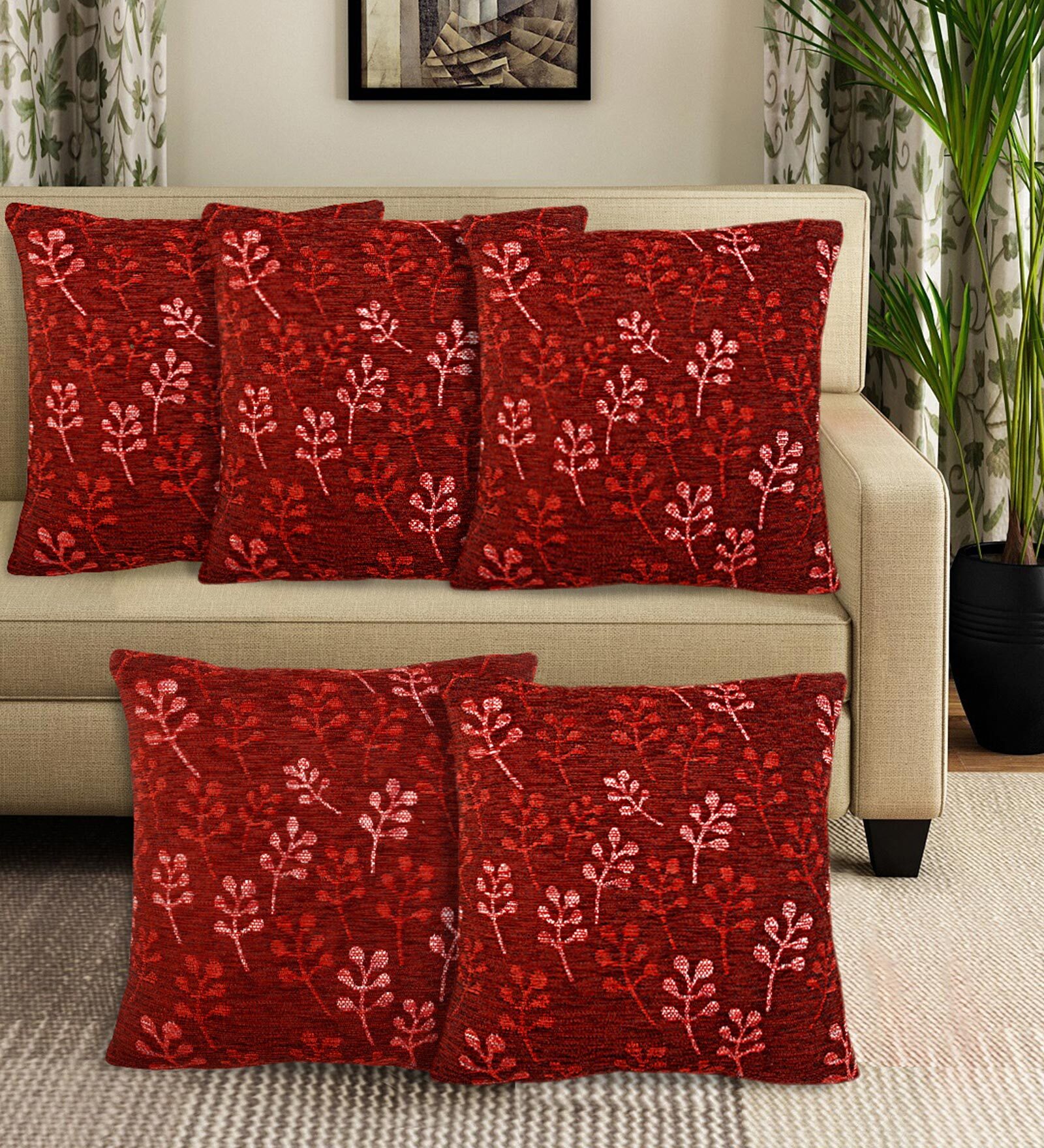 Buy Maroon Cotton Florals 16x16 inches Set of 5 Cushion Covers by Saral ...