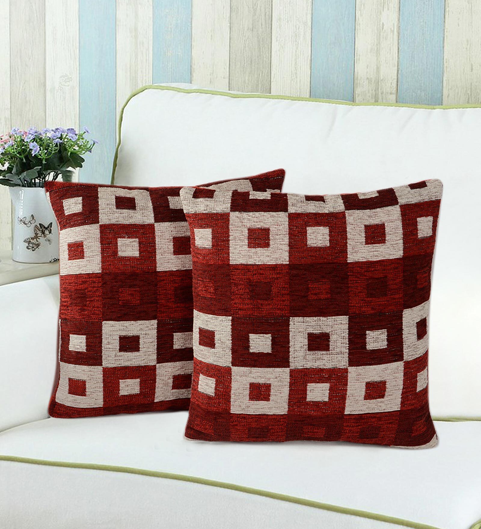 Buy Maroon Cotton Geometric 16x16 inches Set of 2 Cushion Covers by ...