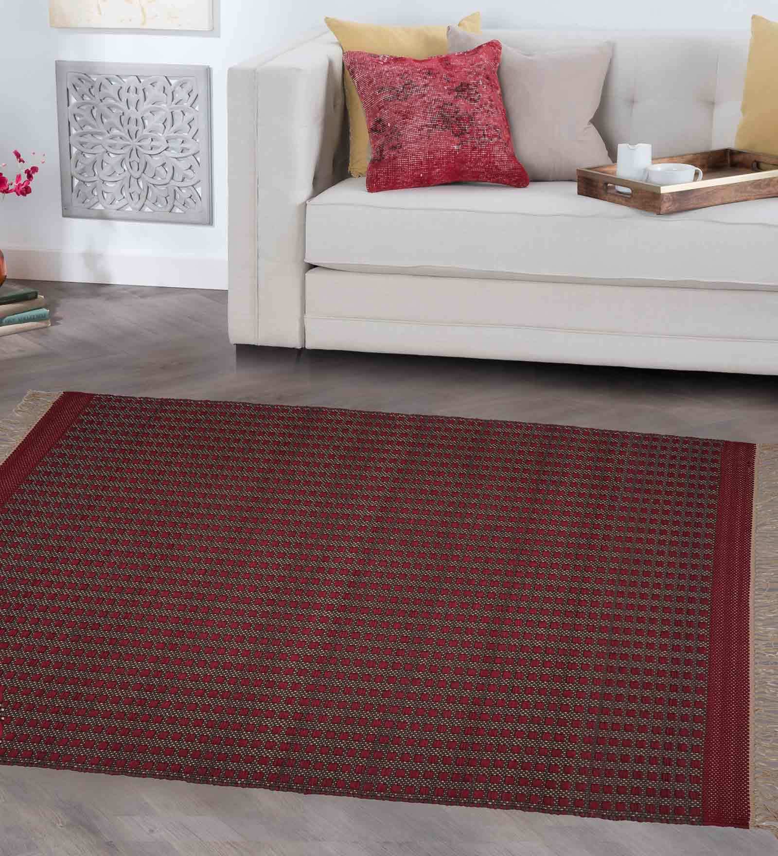 Buy Maroon Cotton Machine Made 3 X 5 Feet Dhurrie at 59% OFF by Kazage ...